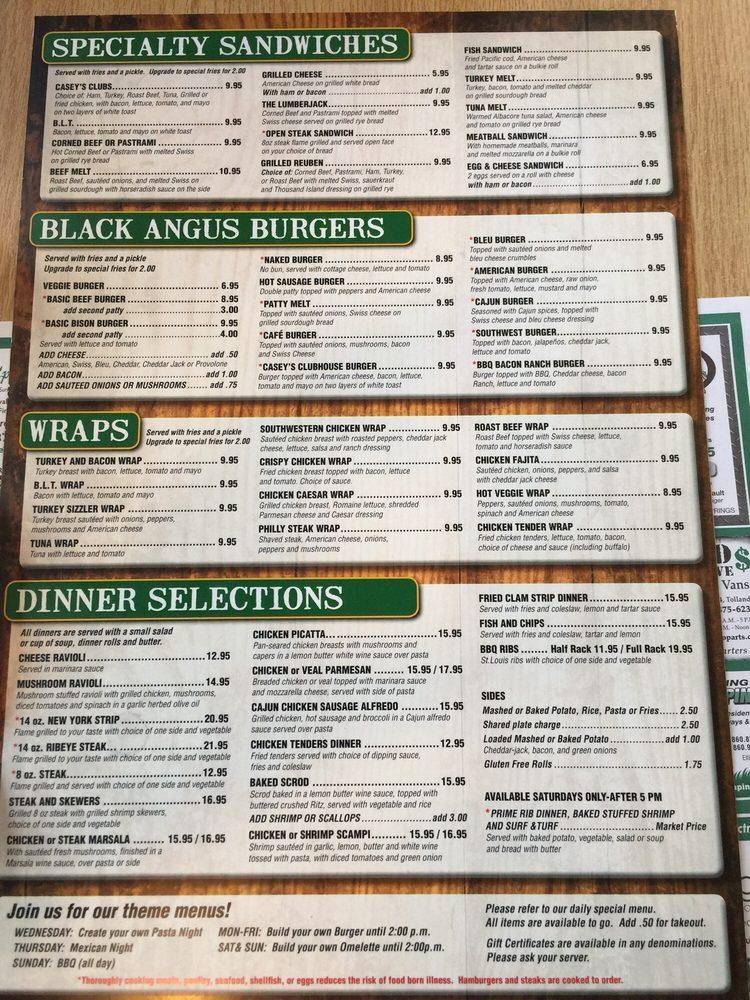 Menu at Casey's Cafe, Ellington