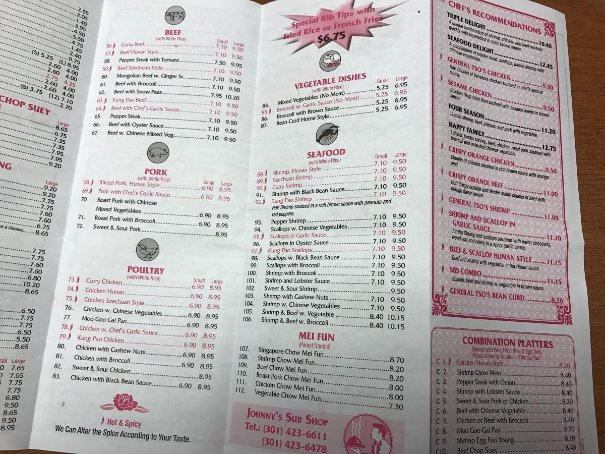 Menu at Johnny's Subs Shop restaurant, Hillcrest Heights, Iverson St
