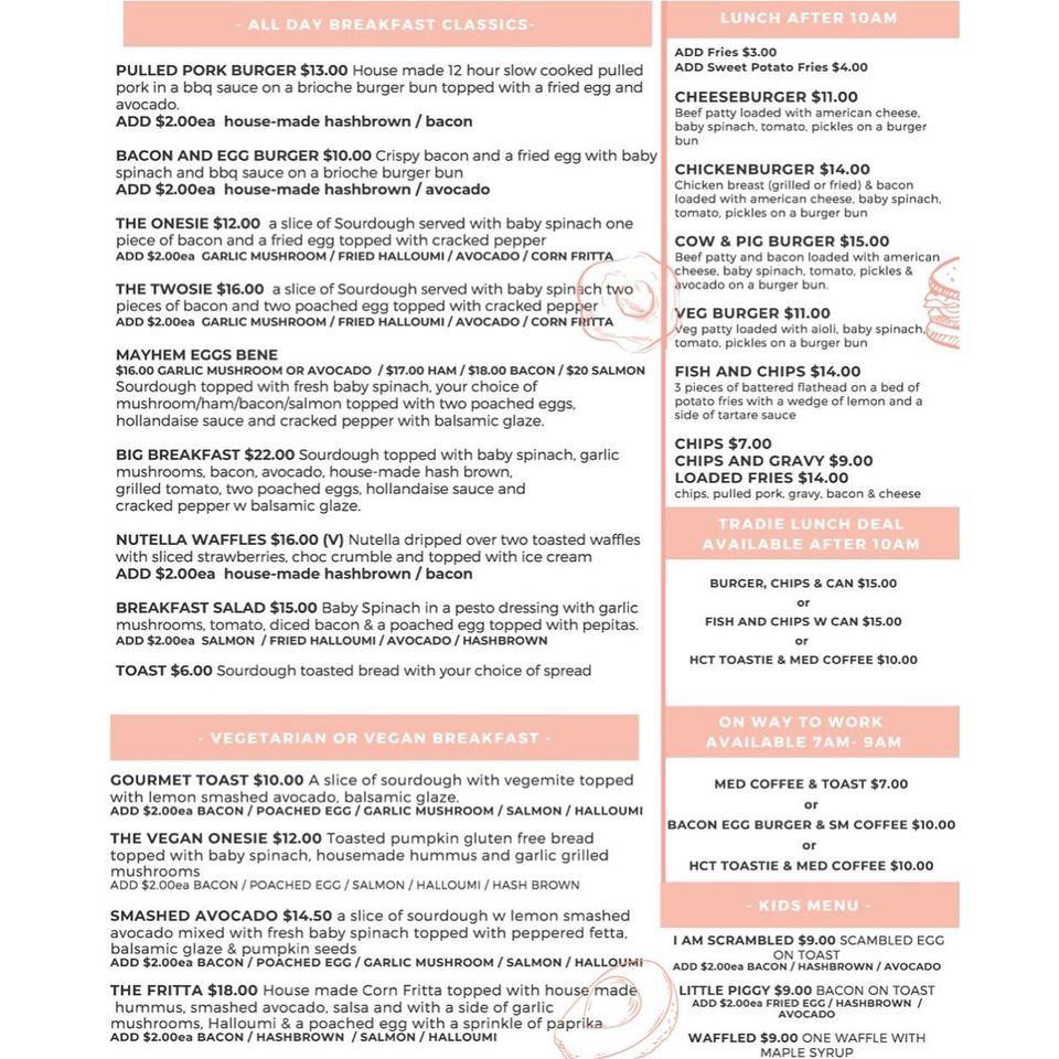 Menu at Mayhem At Machans cafe, Machans Beach