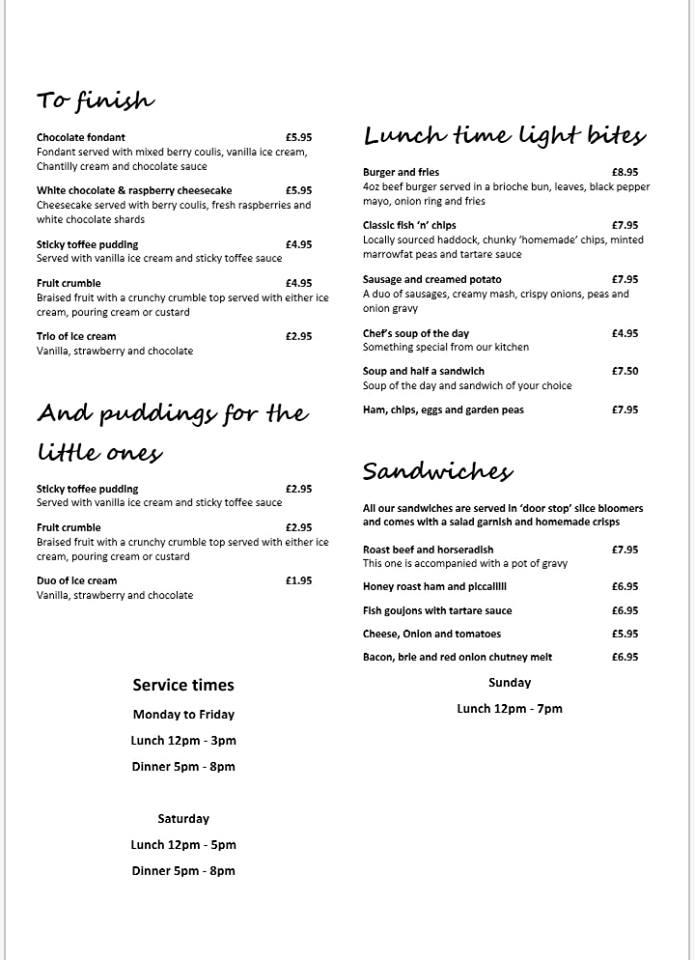 Menu at The Highfield in Beverley restaurant, Beverley