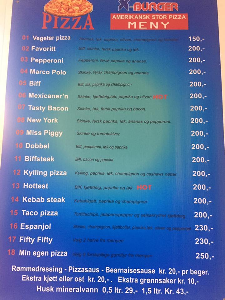 Menu at X Burger restaurant, Oslo, brådalsstubben 1-3