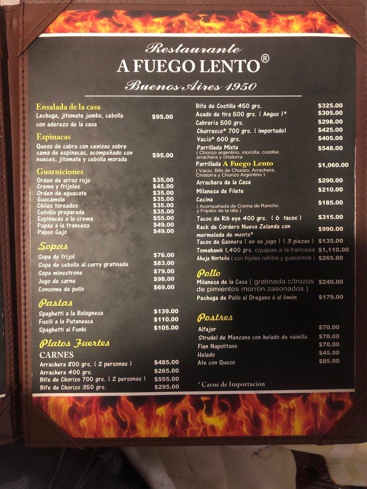 Menu at A Fuego Lento 1950 restaurant, Ciudad López Mateos, Febo 48