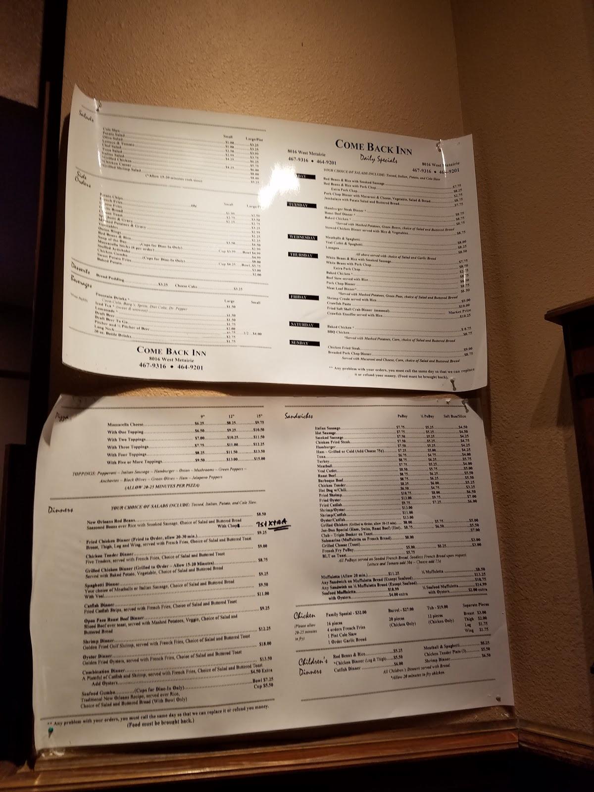 Menu at Come Back Inn restaurant, Metairie, W Metairie Ave