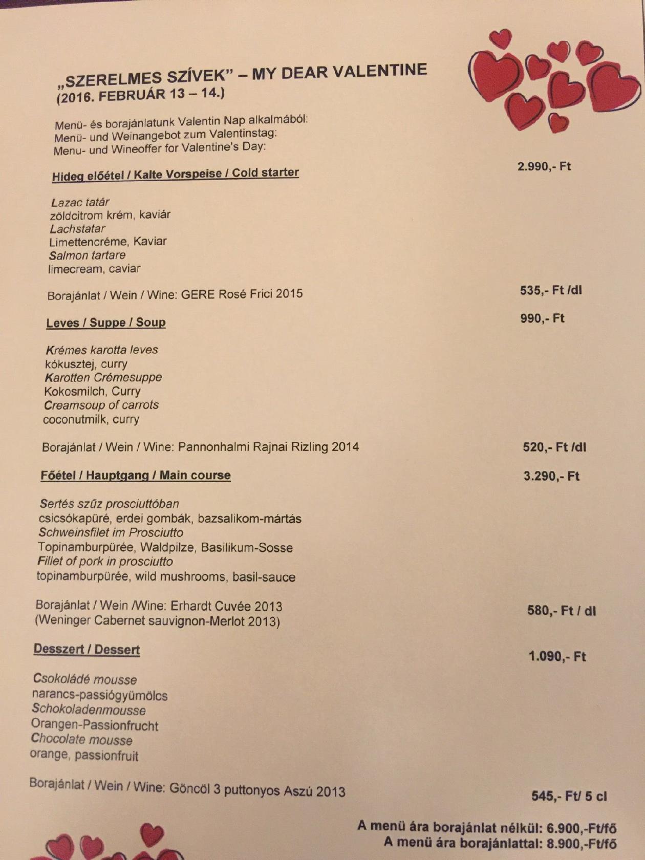 Carta del restaurante Erhardt Étterem Panzió Borpince és Vinotéka, Sopron