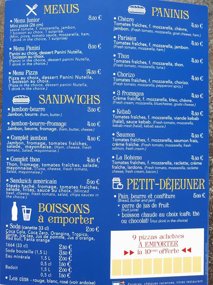 Carta del restaurante La Bohême, La Verrie