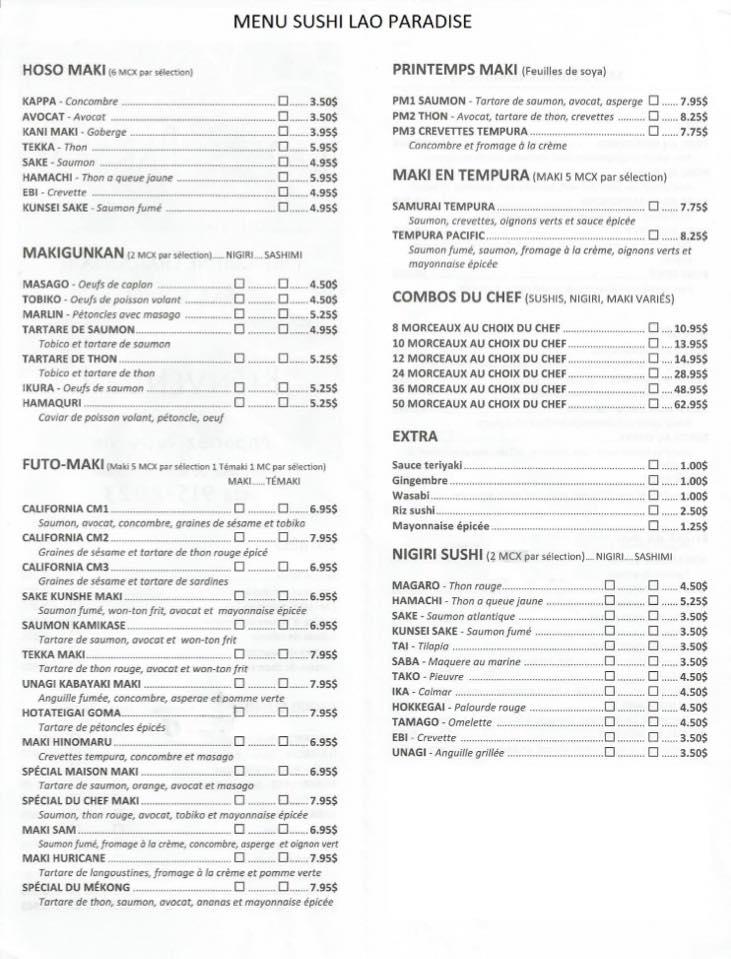 Menu au Lao Paradise restaurant, Québec