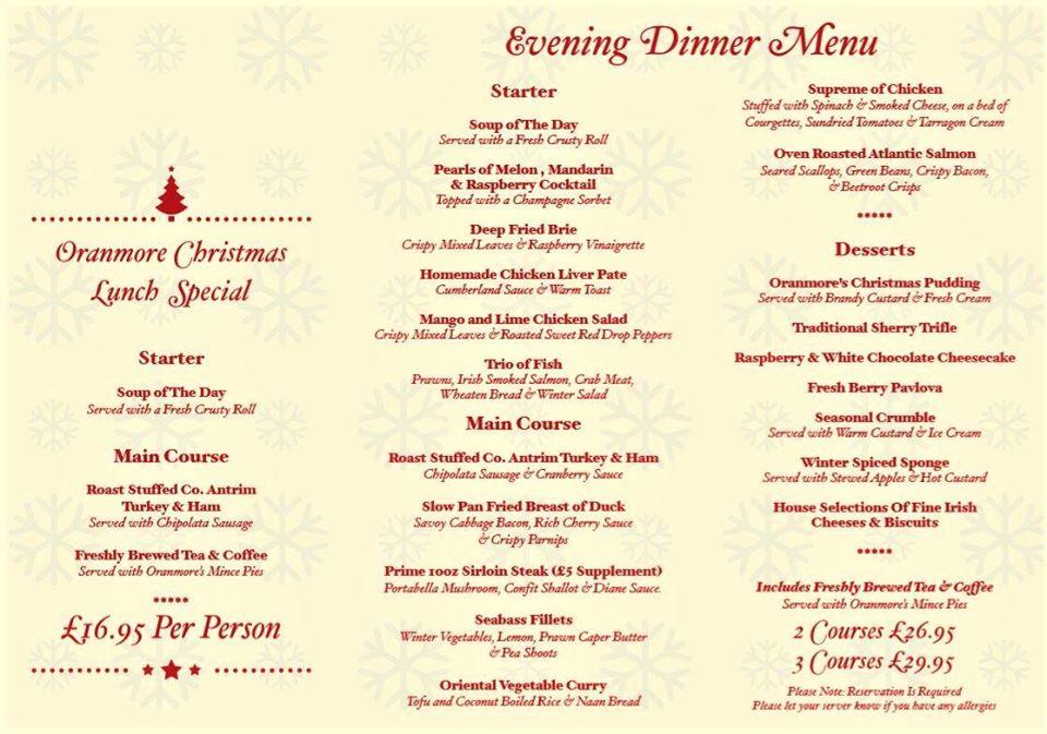 Menu at Oranmore House restaurant, Ballymena, 147 Galgorm Rd