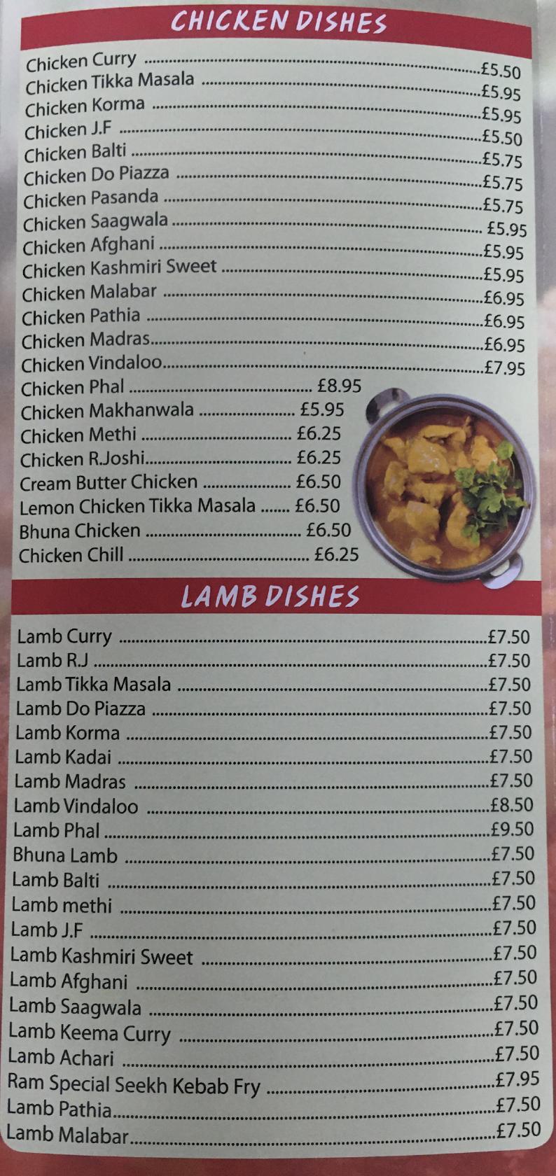 Menu at Ram Curry House restaurant, Gibraltar