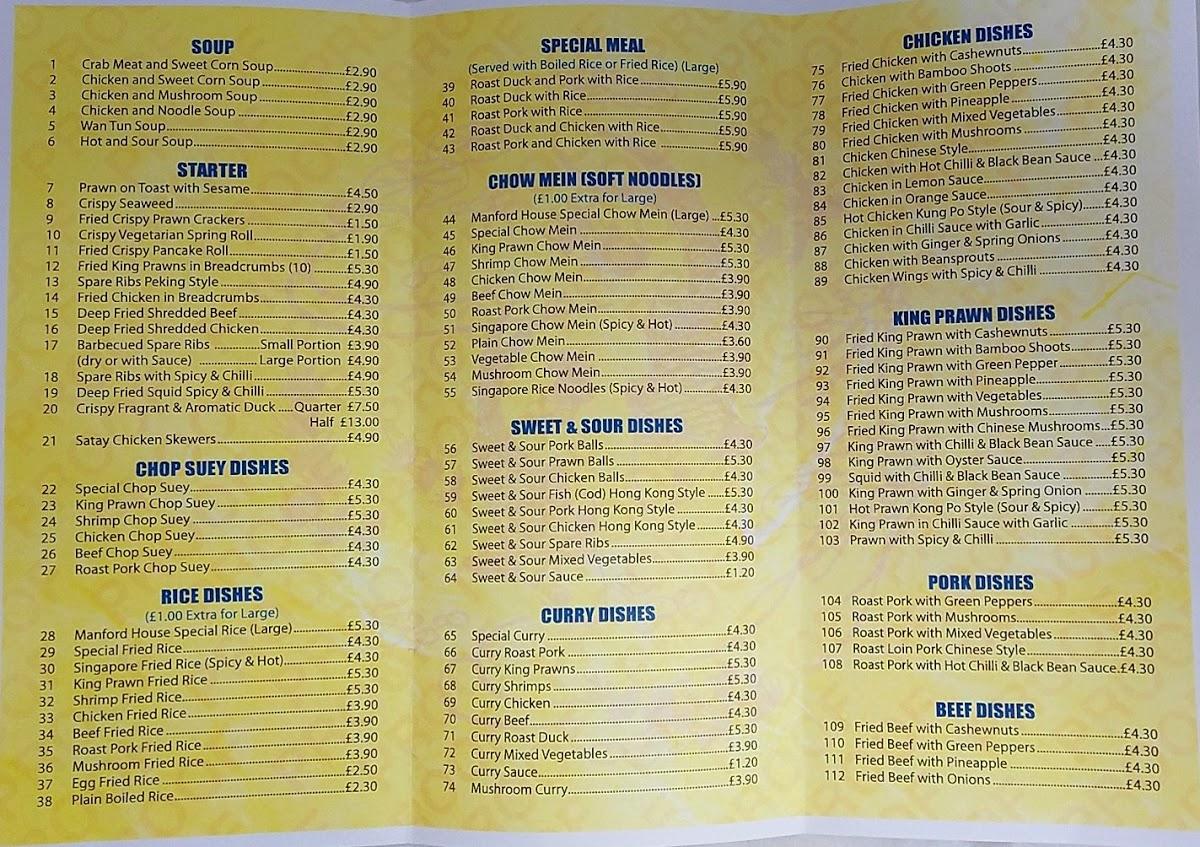 Menu at Manford House fast food, Chigwell, 163 Manford Way