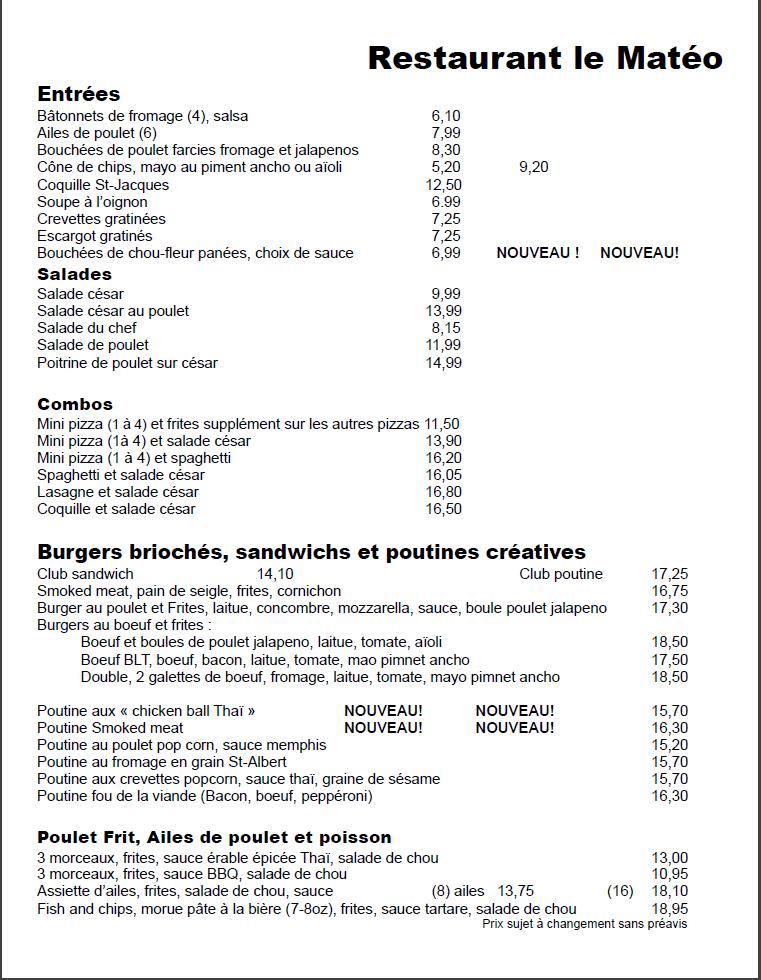 Menu au Restaurant le Matéo, Senneterre