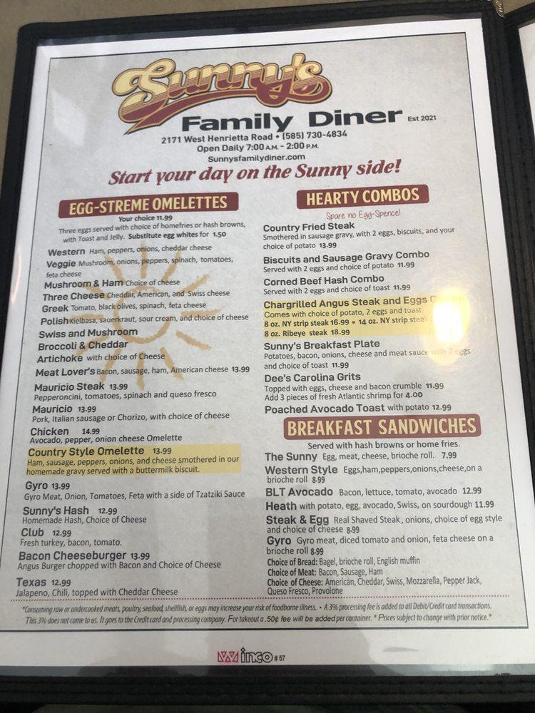 Menu at Sunny’s Family Diner. Custard and shave ice restaurant, Rochester