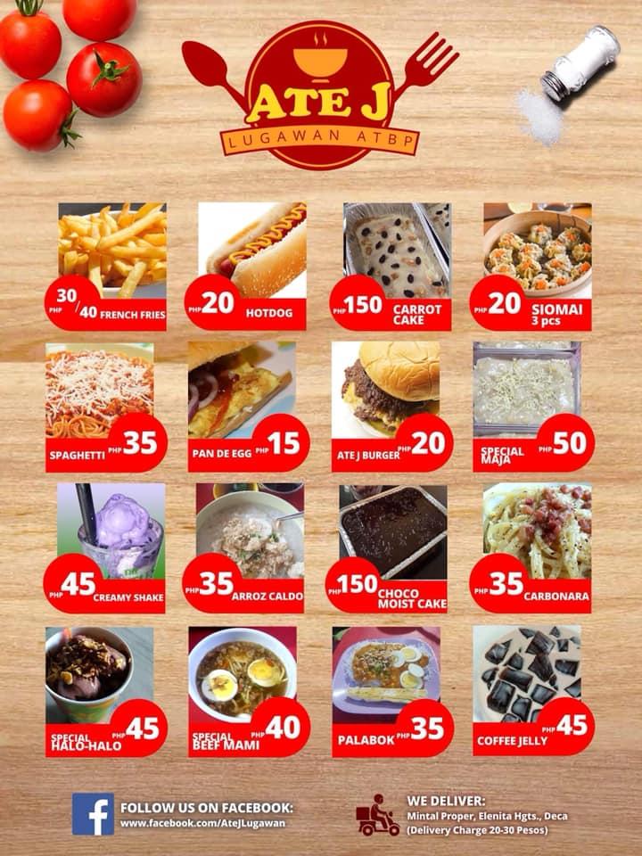 Menu at Ate J restaurant, Davao City, Sampaguita Street