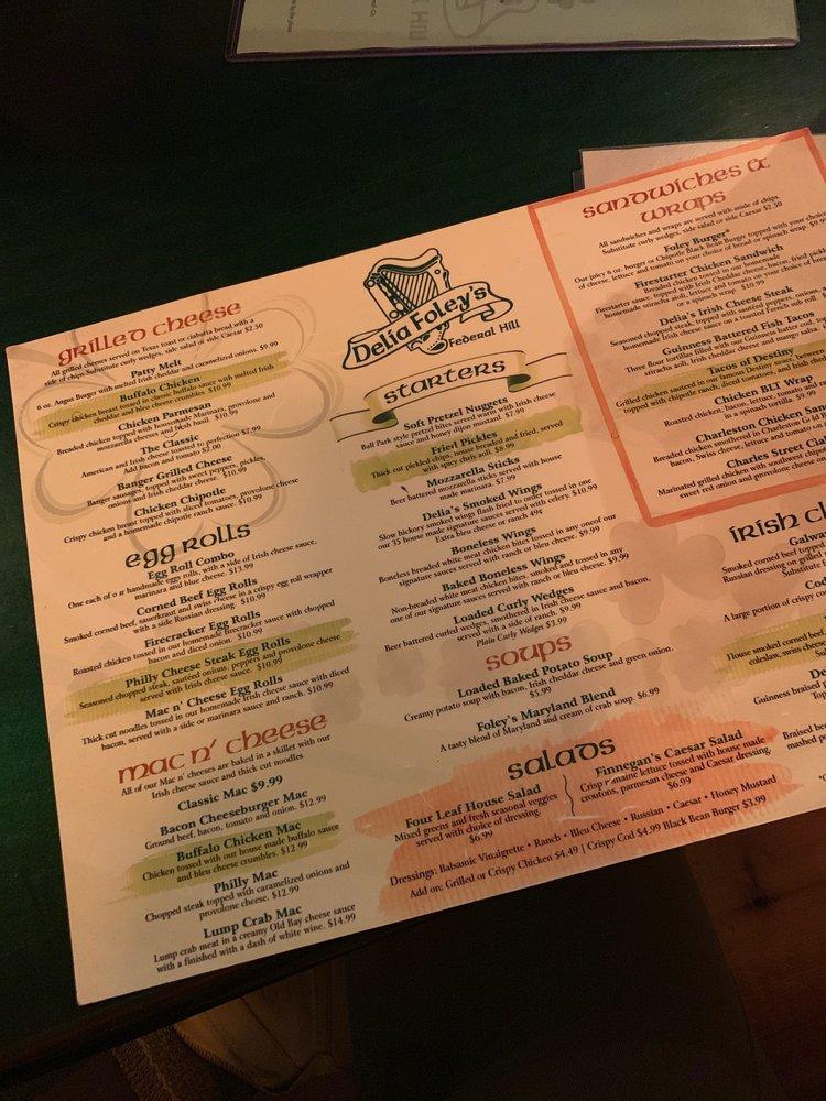 Menu at Delia Foley's pub & bar, Baltimore
