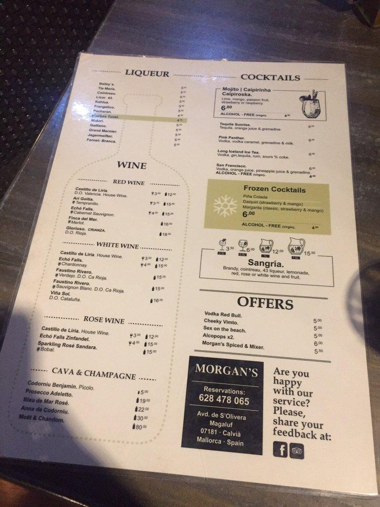 Menu at Morgan's Pub, Magaluf