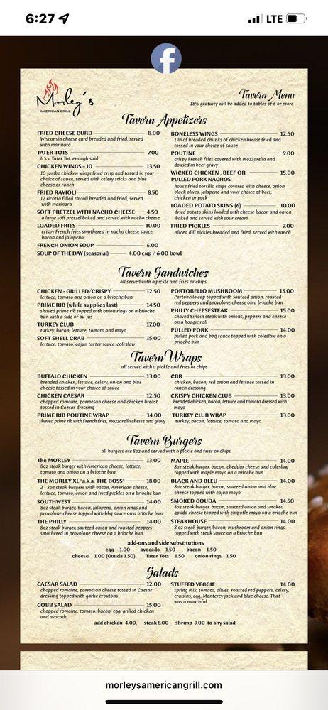 Menu at Morley's American Grill pub & bar, Massena