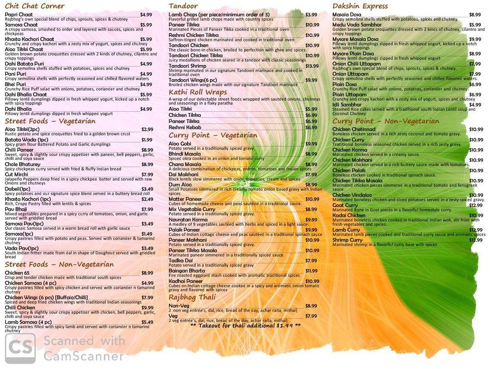 Menu at Rajbhog Indian Market and Cafe, Cranberry Township
