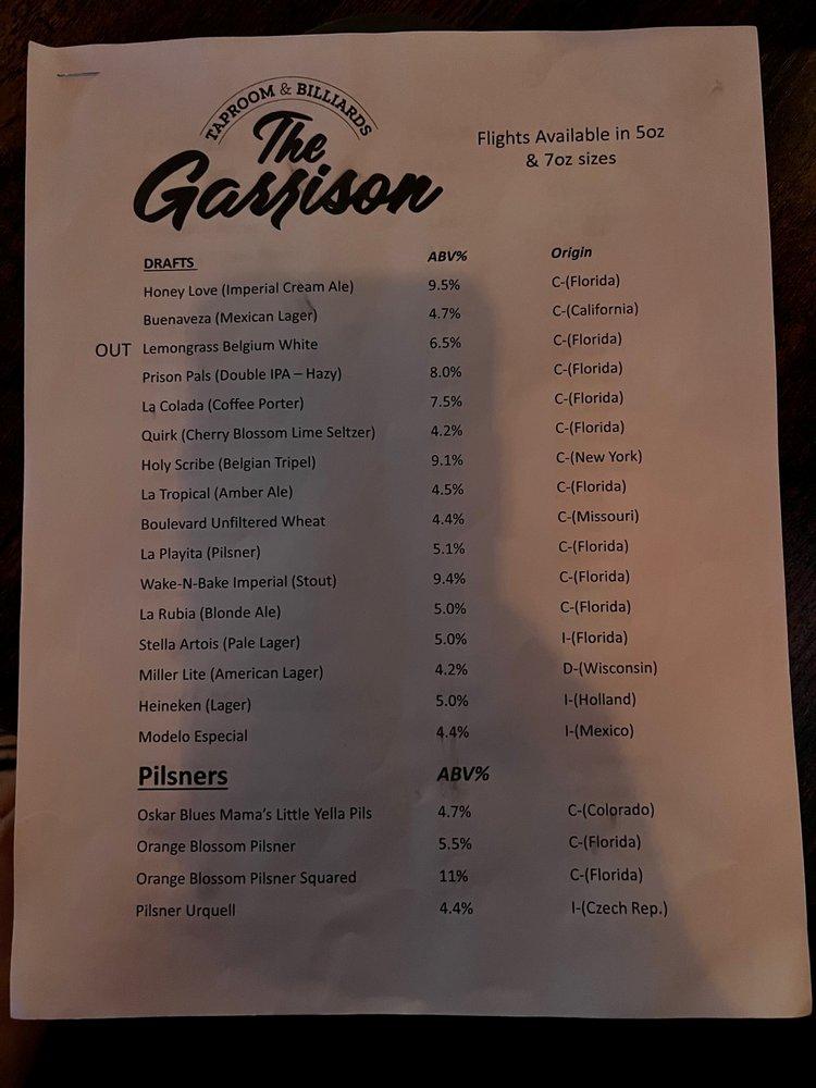 Menu at The Garrison Taproom pub & bar, Miami Lakes