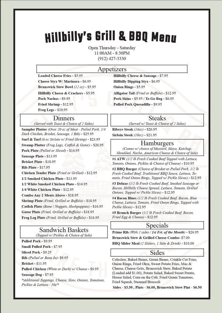 Menu at Hungry Hillbilly's Grill and BBQ, Jesup