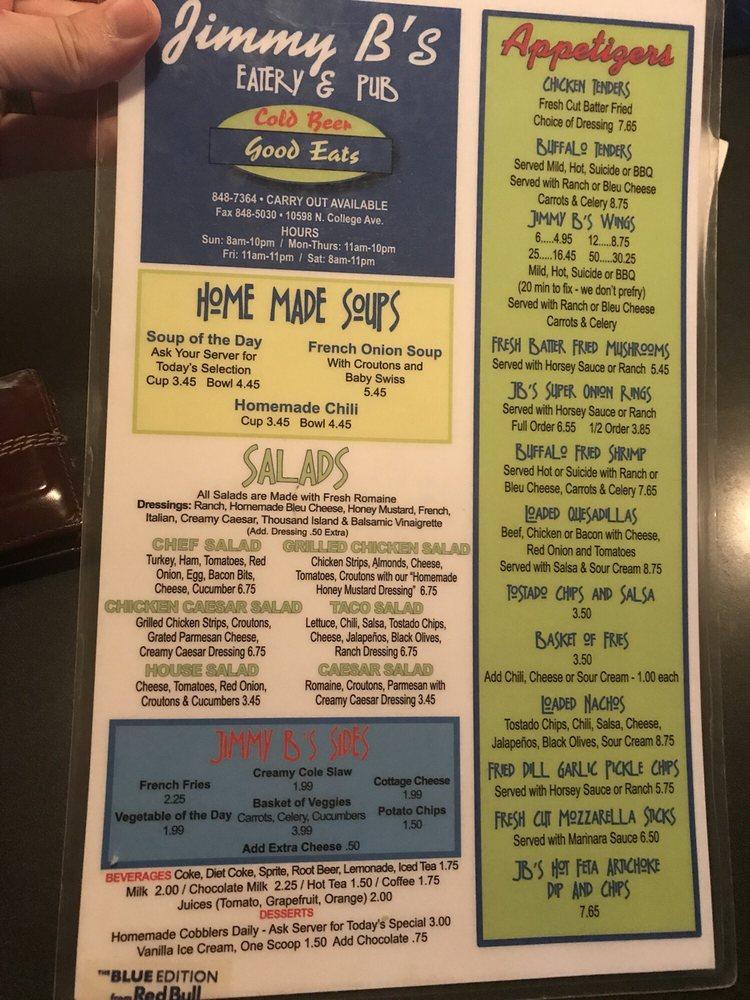 Menu at Jimmy B's pub & bar, Indianapolis
