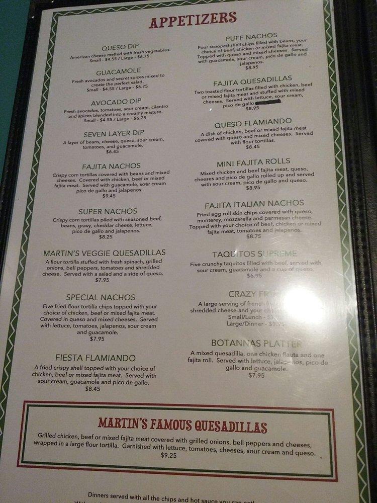 Menu at Martin's Mexican Restaurant, Jasper
