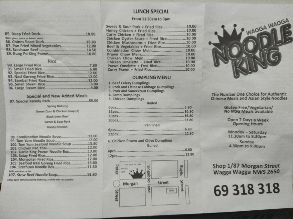 Menu at Noodle King restaurant, Wagga Wagga