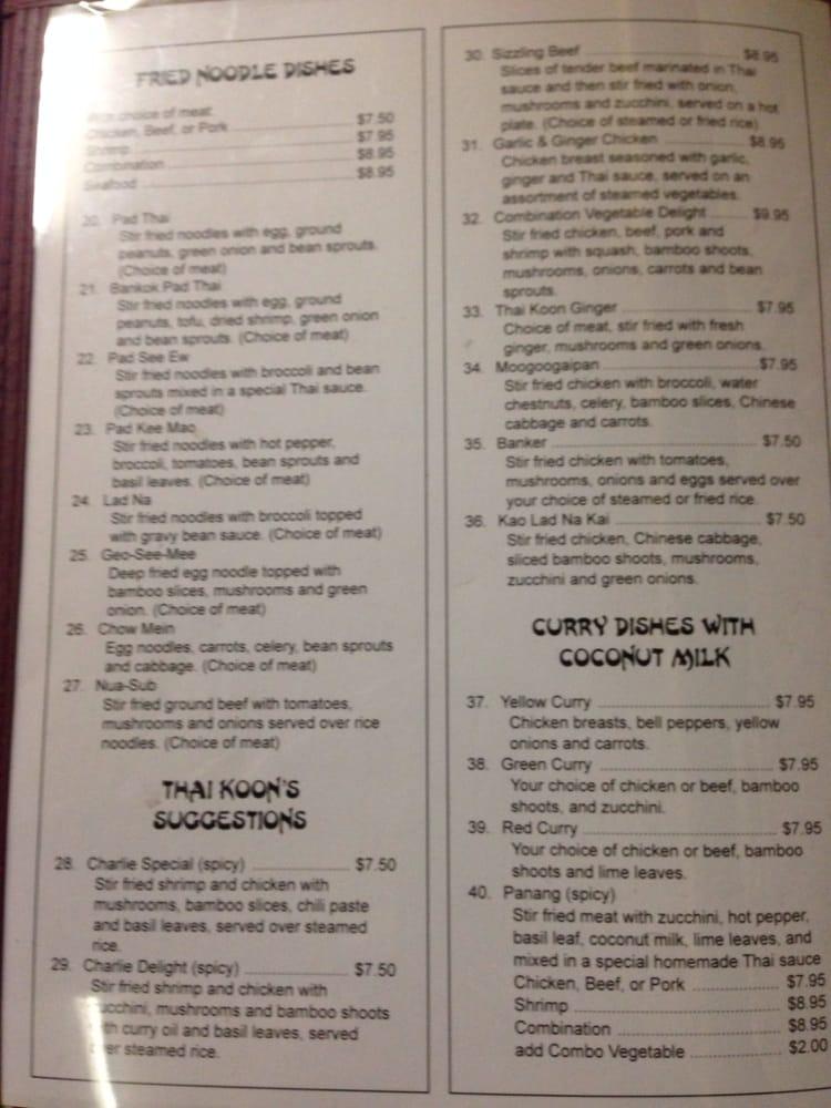 Menu at Thai Koon restaurant, Amarillo