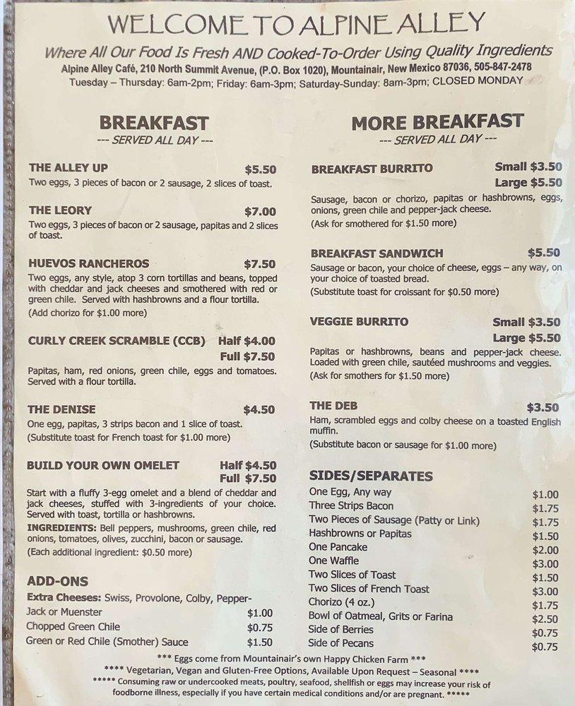 Menu at Alpine Alley restaurant, Mountainair