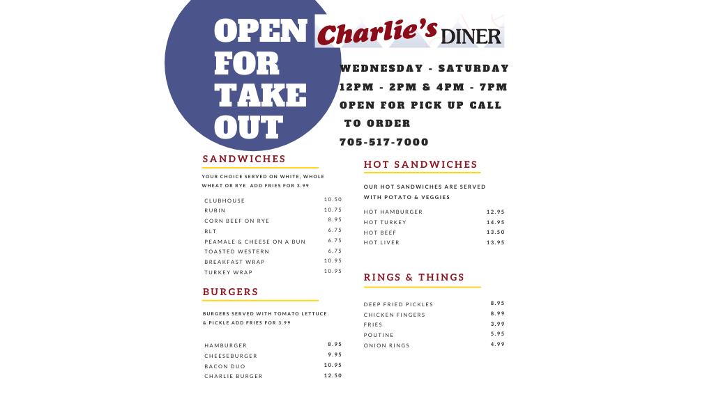 Menu at Charlie's Diner restaurant, Stayner