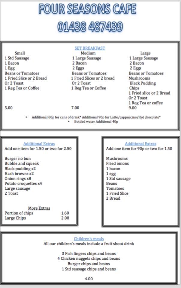 Menu at Four Seasons Café cafe, Stevenage