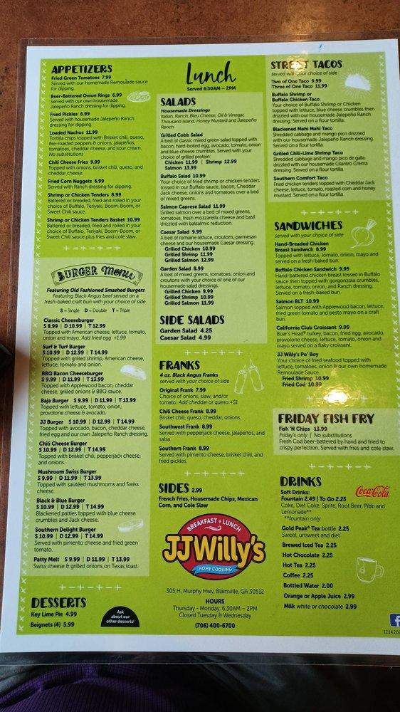Menu at JJ Willy's Breakfast & Lunch restaurant, Blairsville
