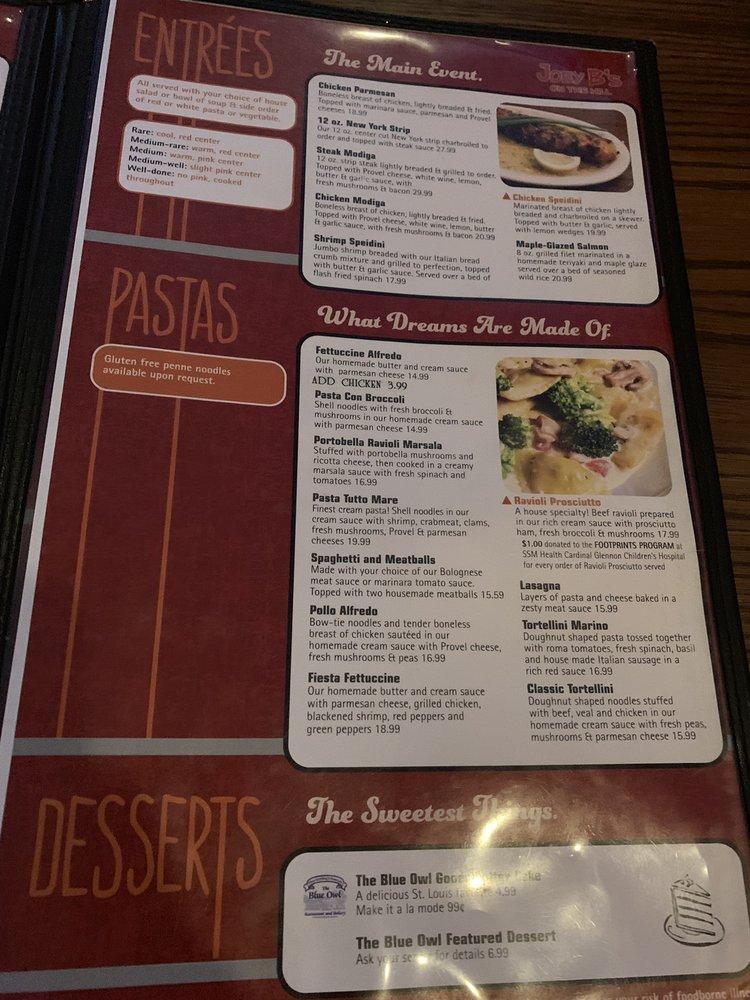 Menu at Joey B's on the Hill restaurant, St. Louis