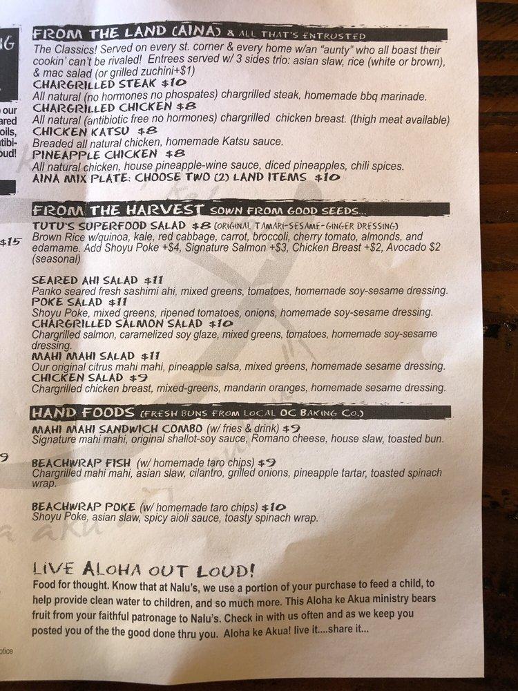 Menu at Nalu's Hawaiian Fish Grill & Tutu's Kitchen restaurant, San ...