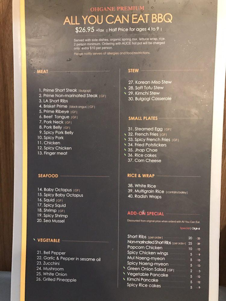 Menu at Ohgane Korean BBQ Concord, Concord