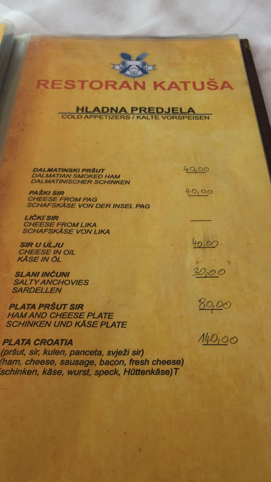 Menu at Restoran Katuša restaurant, Biograd na Moru