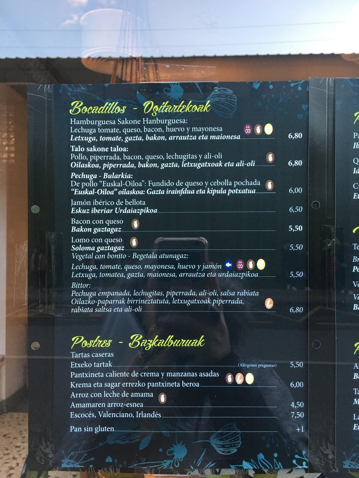 Carta del restaurante Sakone Kafetegia, Guernica y Luno