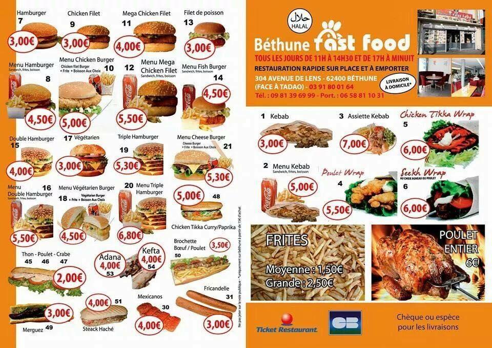 Menu at Continental Fast Food, Béthune