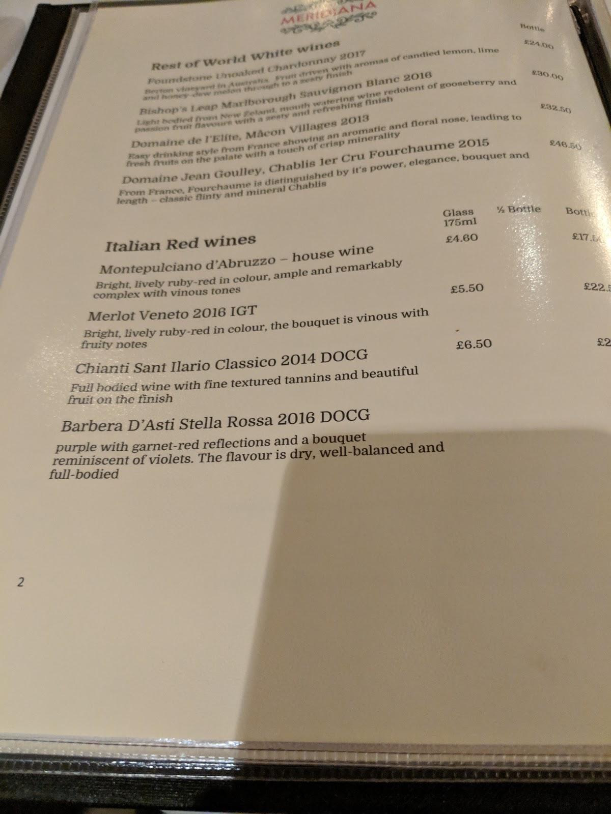 Menu at La Meridiana restaurant, East Horsley