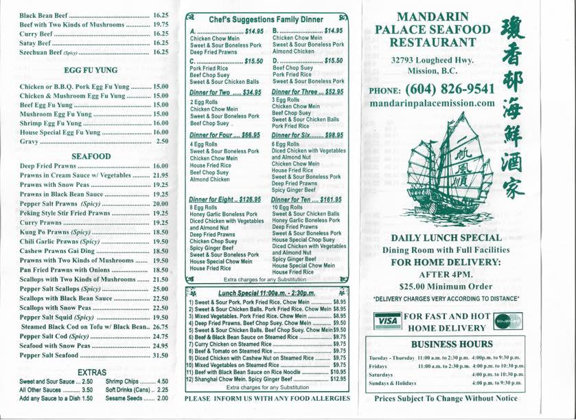 Menu at Mandarin Palace restaurant, Mission