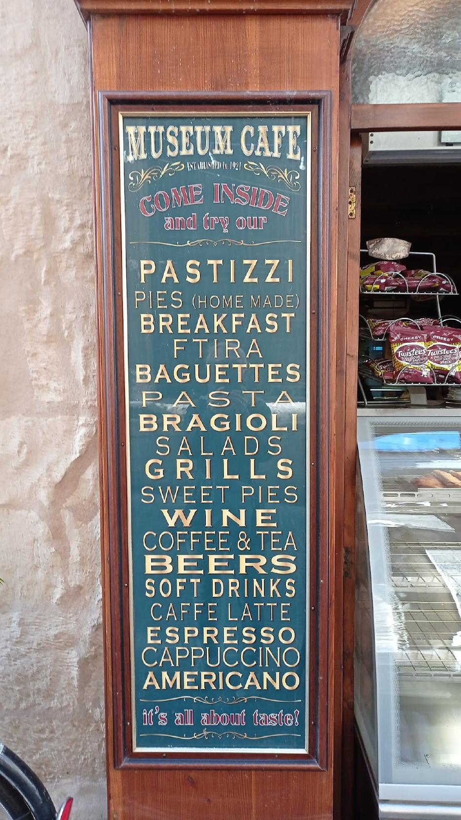 Menu at Museum Cafe, Valletta