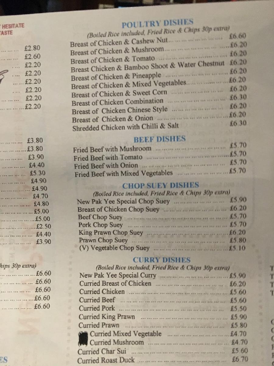 Menu at New Pak Yee restaurant, Wishaw