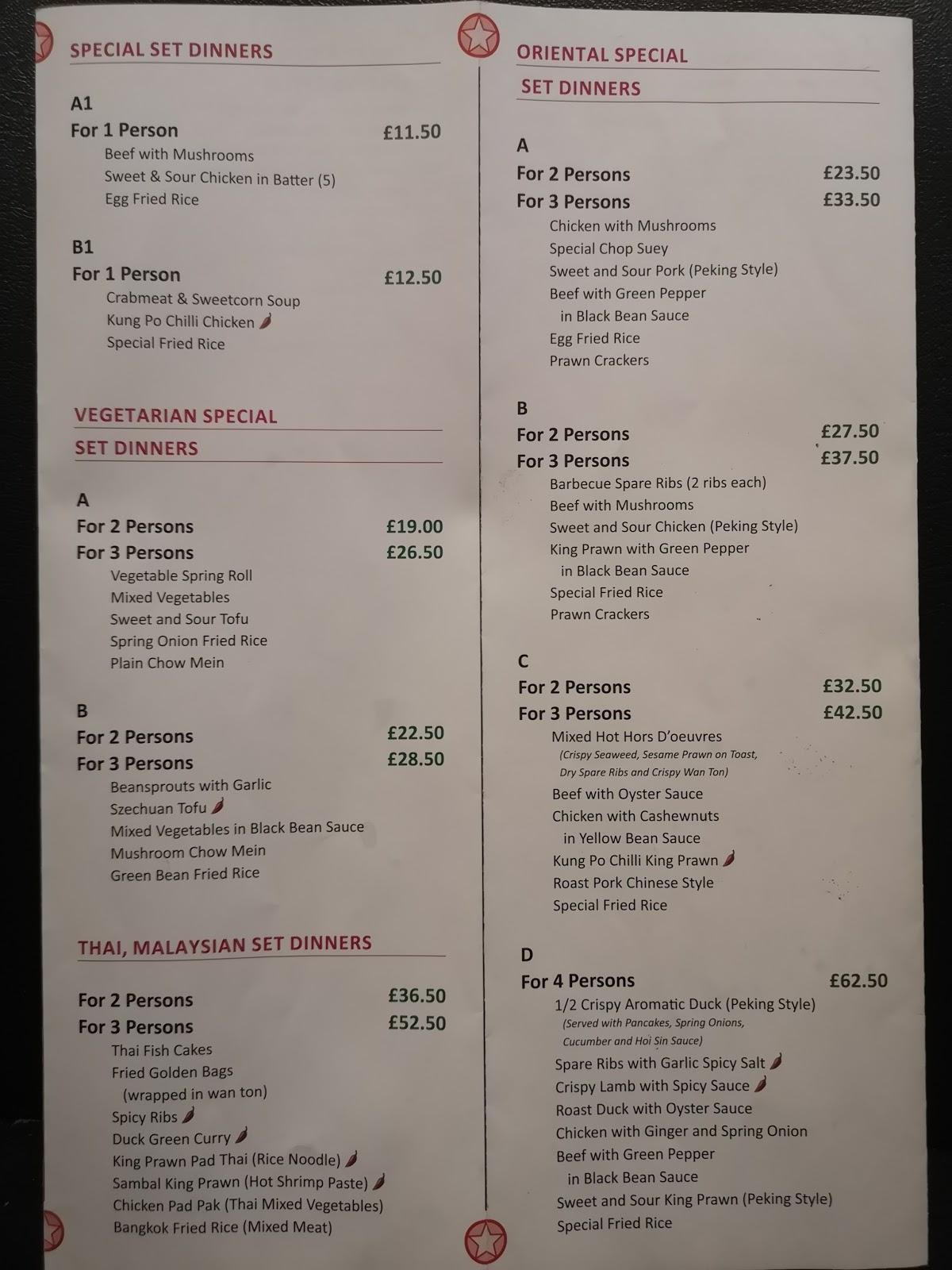 Menu at Oriental Chef fast food, Glastonbury