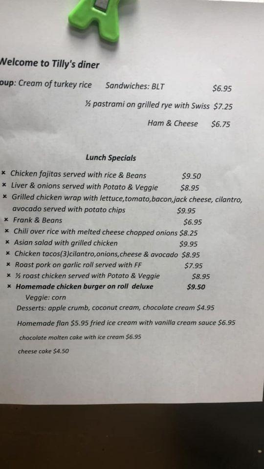 Menu at Tilly's Diner restaurant, Monticello