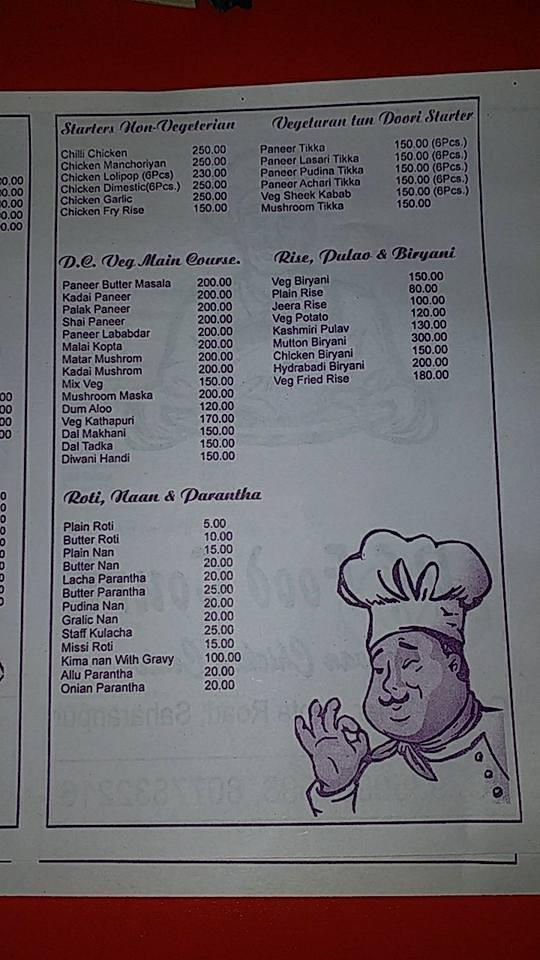 Menu at Dc Food Court, Saharanpur, janta road govind vihar