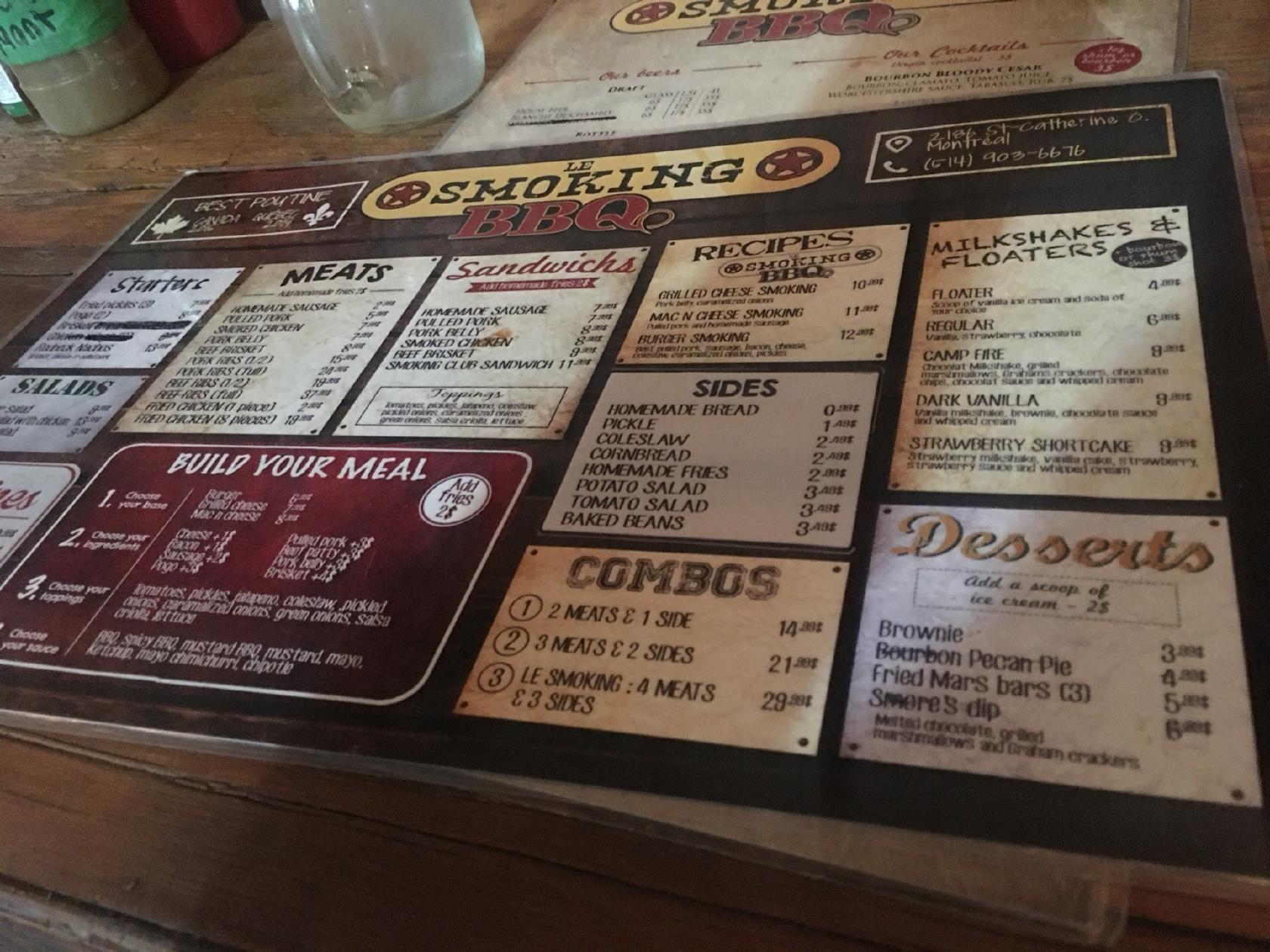 Menu au Le Smoking BBQ, Montréal, Rue Sainte-Catherine O