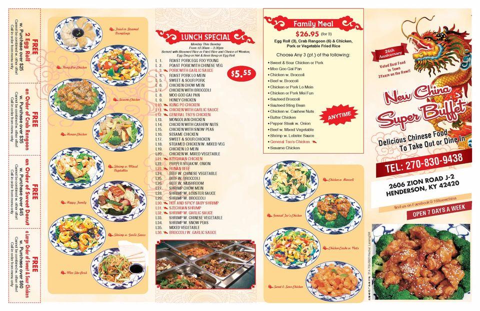 Menu at New China Buffet restaurant, Henderson