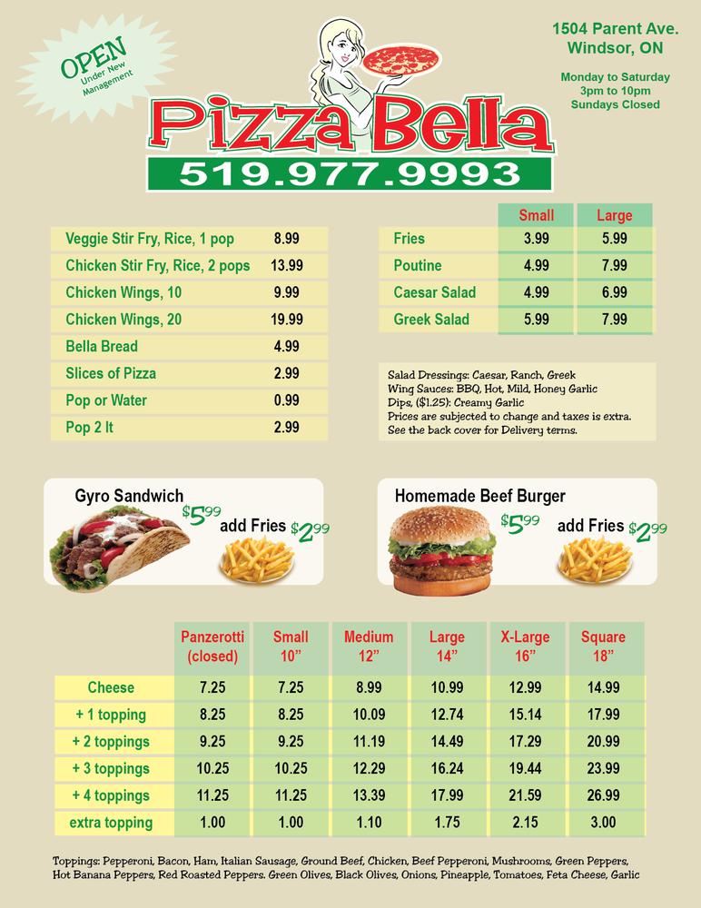 Menu at Pizza Bella pizzeria, Windsor