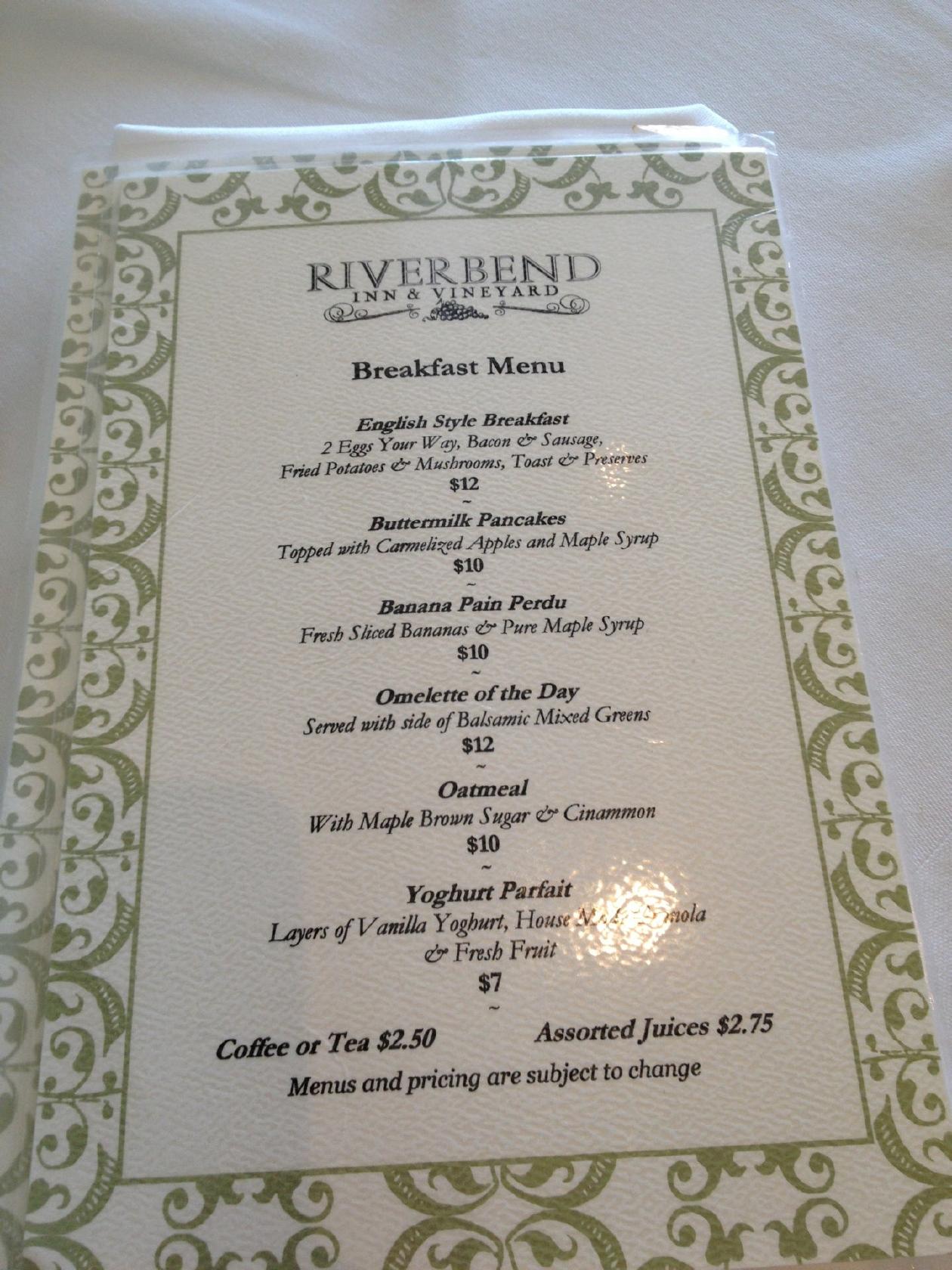 Menu at Riverbend Inn & Vineyard restaurant, Niagara-on-the-Lake