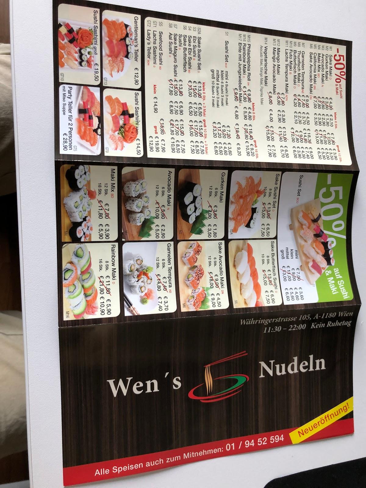 Menu at Wen's Nudeln restaurant, Vienna