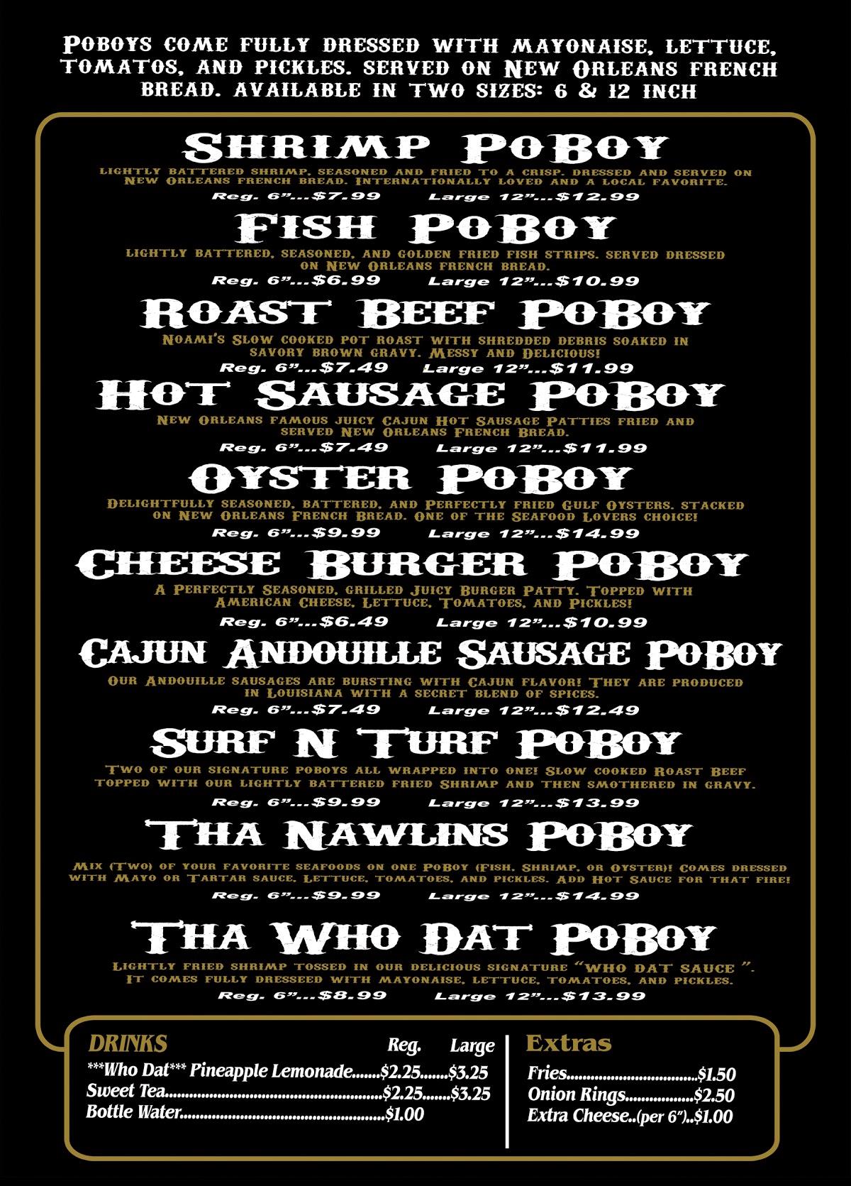 Menu at Who Dat Po'Boys & Seafood Food Truck restaurant, Pensacola