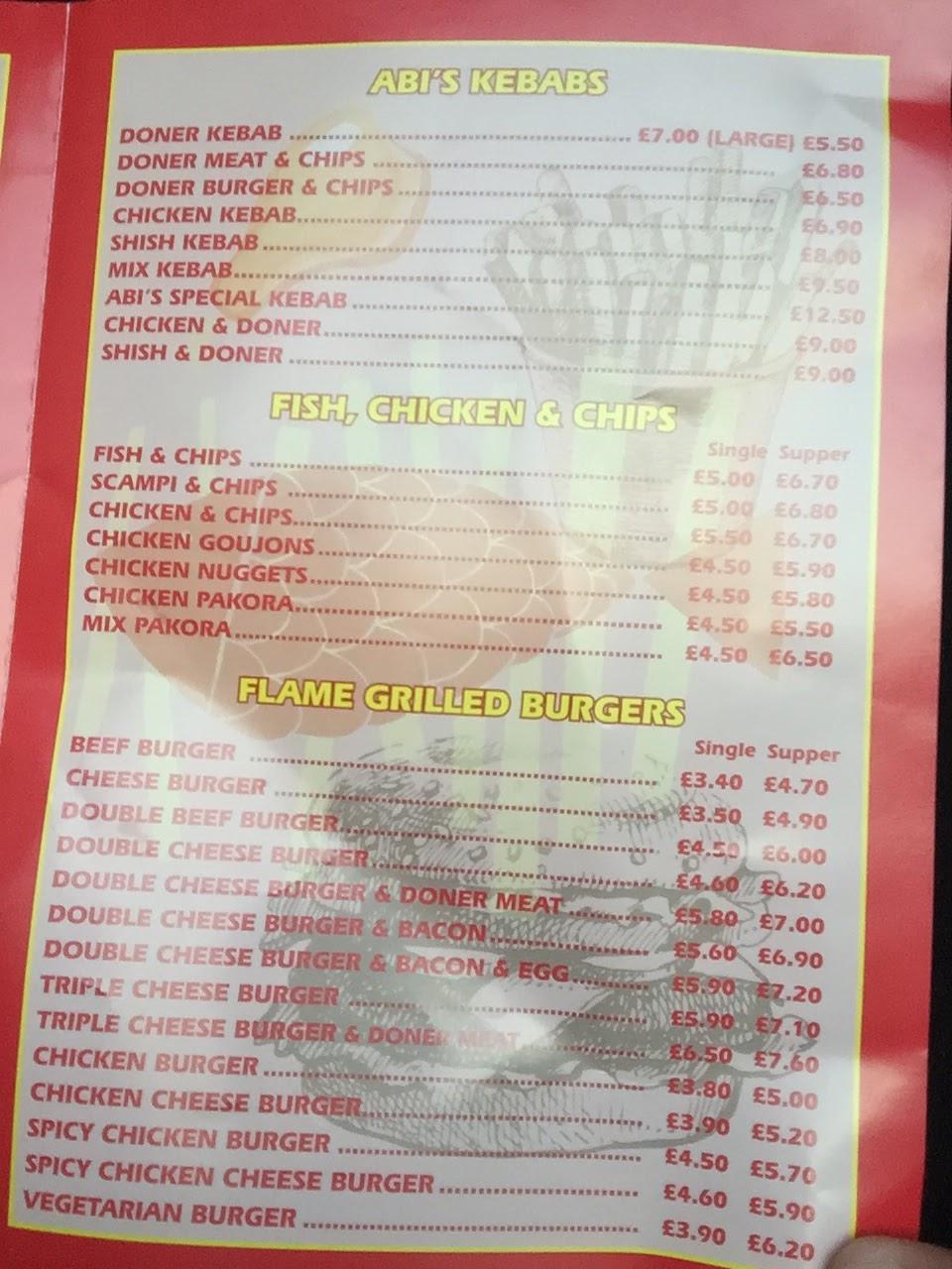 Menu at Abis Kebabs pizzeria, Fort William